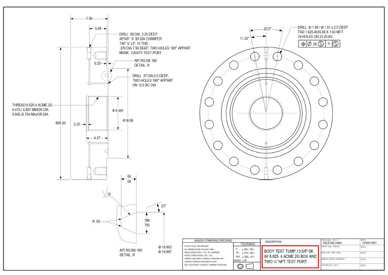 Test Stump 13-5/8”5000 Psi, Body Test Stump, 13-5/8"-5K, W/6.625 4 ACME ...